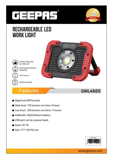 Buy Geepas Rechargeable Led Work Light Online in UAE - Wigme