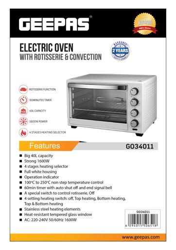 Buy Geepas Electric Oven With Rotisserie, 40L Online in UAE - Wigme
