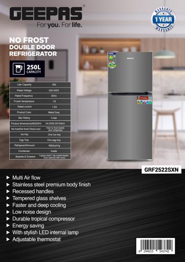 Geepas 250 Litre Double Door Refrigerator - Silver